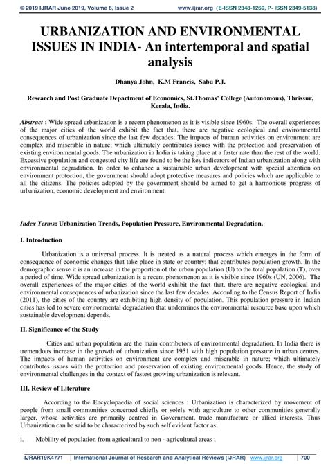 PDF URBANIZATION AND ENVIRONMENTAL ISSUES IN INDIA An Intertemporal And Spatial Analysis