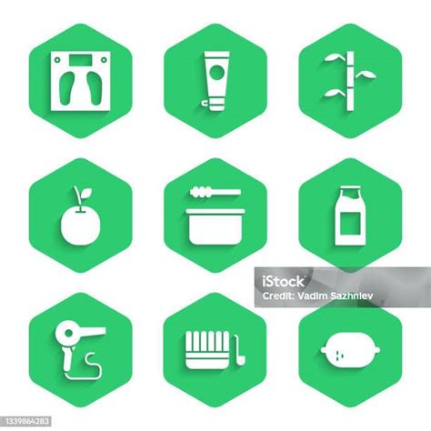 세트 사우나 양동이와 국자 레몬 우유와 병 헤어 드라이어 사과 대나무 줄기 잎과 욕실 비늘 아이콘 벡터 감귤류 과일에 대한 스톡 벡터 아트 및 기타 이미지 Istock