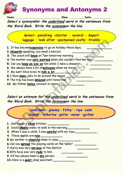 Synonyms Vs Antonyms 2 Esl Worksheet By Elle81