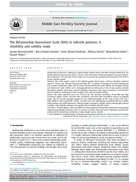 Pdf The Relationship Assessment Scale Ras In Infertile Patients A Reliability And Validity