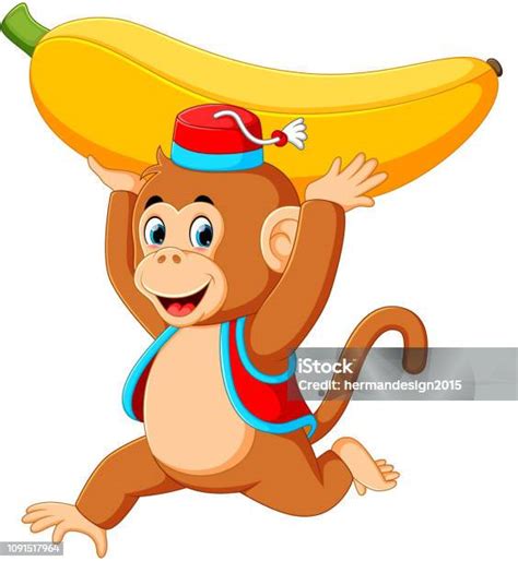 Monyet Sirkus Bermain Dan Memegang Pisang Kuning Besar Ilustrasi Stok