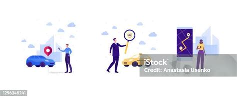 자동차 여행 도시 관광 개념 벡터 플랫 피플 일러스트레이션 세트입니다 카 셰어링 사업가 주문 택시 차량 스마트 폰에지도 네비게이션 응용 프로그램을 가진 여자 배경에 구축