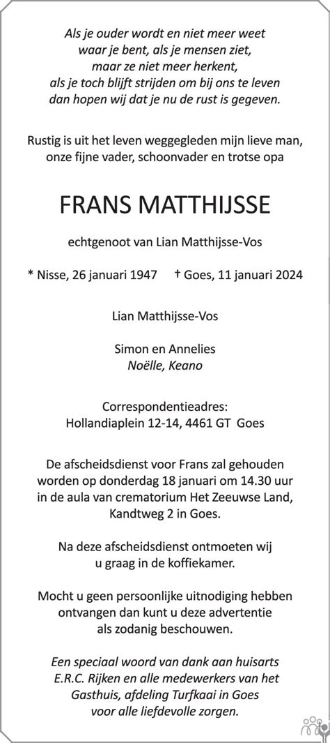 Frans Matthijsse 11 01 2024 Overlijdensbericht En Condoleances