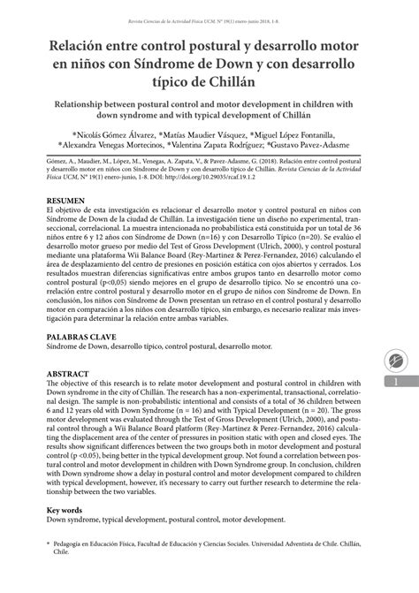 PDF Relación entre Control Postural y Desarrollo Motor en niños con Síndrome de Down y con