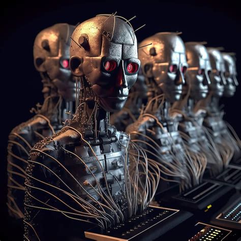 Premium Photo A Row Of Robots With Red Eyes Are On A Black Background