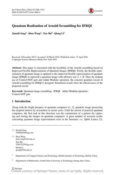 Quantum Realization Of Arnold Scrambling For Ifrqi Request Pdf