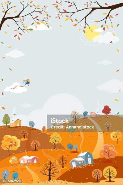 화창한 날에 밝은 빛과 귀여운 만화 가을 마을 중부 가을 수확 풍경 농장 필드 언덕 시골에서 오렌지 단풍에 떨어지는 잎 시즌