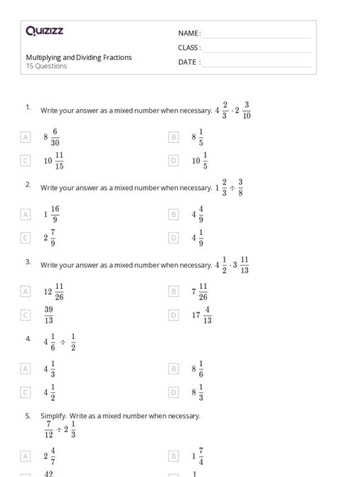 50 Multiplying And Dividing Fractions Worksheets For 7th Year On