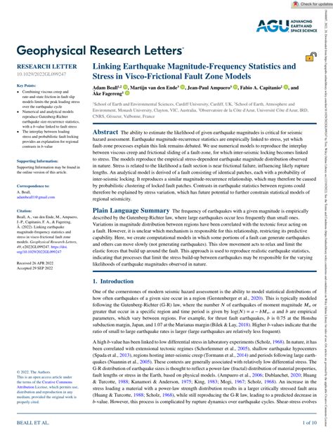 Pdf Linking Earthquake Magnitude‐frequency Statistics And Stress In Visco‐frictional Fault