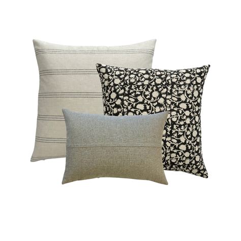 Shirley Black Floral Block Printed Linen Pillow Cover Maquette