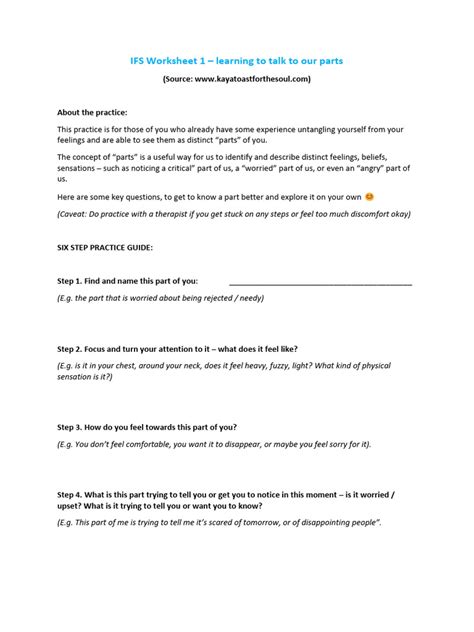 Ifs Worksheet 1 Learning To Talk To Our Parts Pdf