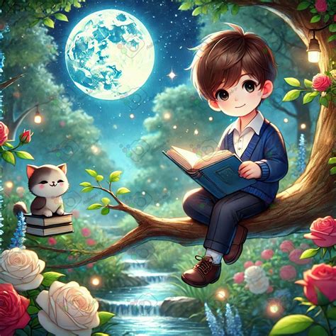 بک گراند کودکانه پسر نوجوان کتاب در دست روی شاخه درخت و گربه با مزه روی کتاب کد 43760 ویژه عکس
