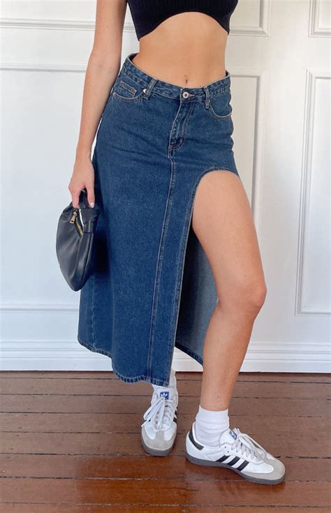 Aysha Dark Wash Denim Midi Skirt Beginning Boutique
