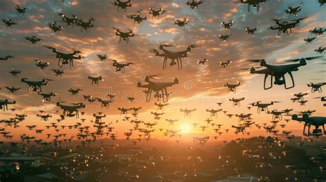 Mass Of Drones Flying In Coordination On A Sunset Sky Background Drone Swarm Technologies Stock