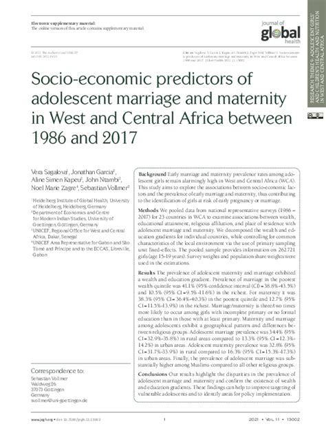 Pdf Socio Economic Predictors Of Adolescent Marriage And Maternity In West And Central Africa