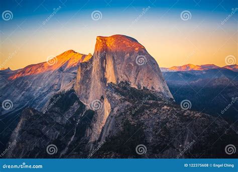 Yosemite Valley With Illuminated Half Dome At Sunset View From Glacier