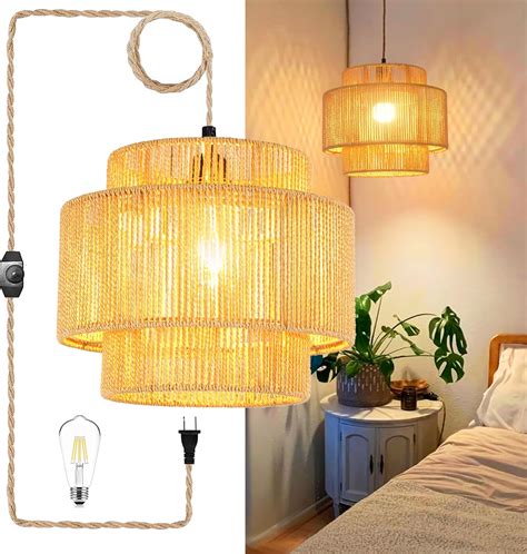 Xininsun 3 Tier Drum Linen Plug In Pendant Light With15ft Hemp Rope