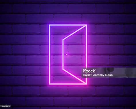 문을 엽니다 아이콘 네온 출구 도어 프레임 아이콘입니다 입구 기호입니다 문 길 그림 벡터 Eps 10 벽돌 벽 배경에 격리 0명에 대한 스톡 벡터 아트 및 기타 이미지