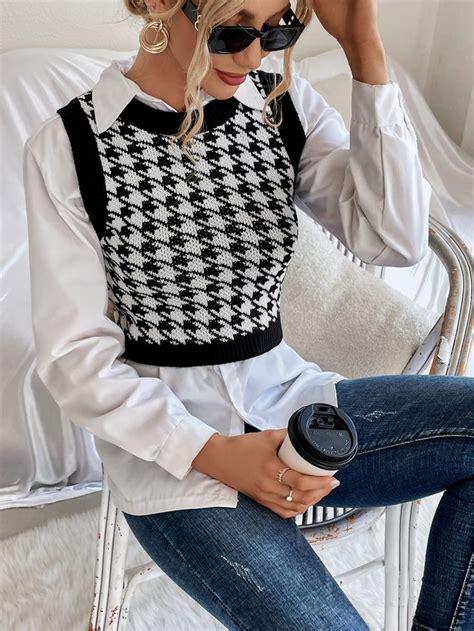 Shein Privé Houndstooth Pattern Sweater Vest Without Blouse Ropa De