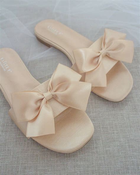 Champagne Satin Slip On Sandals With Satin Bow Bridal Sandals