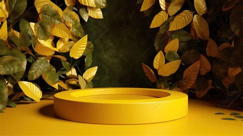 노란색 배경과 소용돌이치는 나뭇잎으로 자연에서 영감을 받은 제품을 선보이는 생동감 넘치는 3d 연단 3d 배경 연단 배경 생동감 배경 이미지 Hd 3d 연단