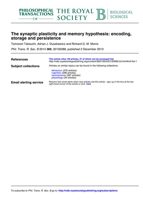 Pdf The Synaptic Plasticity And Memory Hypothesis Encoding Storage And Persistence