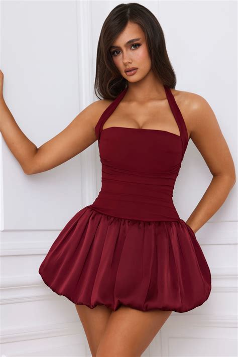Ludmila Halterneck Lace Up Bubble Hem Corset Micro Mini Dress In Berry