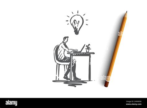 Idea Work Business Laptop Creativity Concept Hand Drawn Man Has An