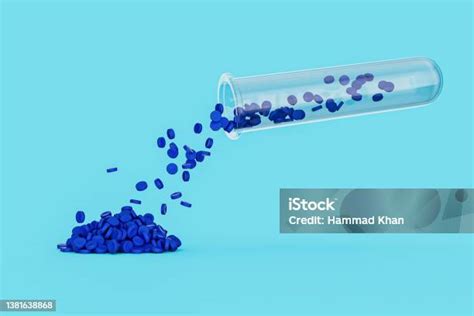 시료 테스트 튜브의 파란색 배경 폴리머 수지에 파란색 폴리머 플라스틱 구슬 사출 성형 공정 3d 일러스트레이션플라스틱 과립