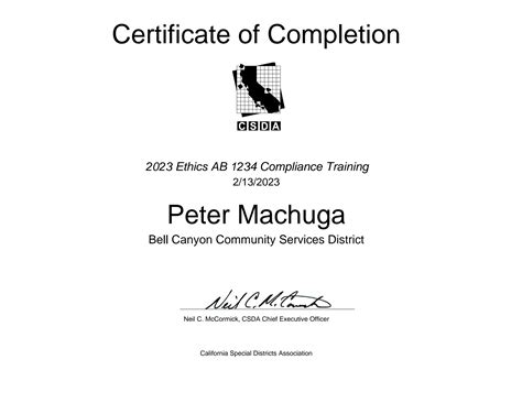 Peter Machuga Ethics Training Certificate Bell Canyon Community
