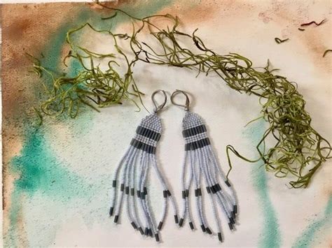 Extra Long Seed Bead Earrings Blue And Gray Fringe Danglers Wedding