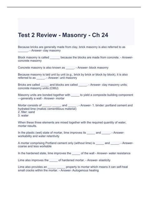 Test 2 Review Masonry Questions And Answers 2024 Masonry Stuvia Us