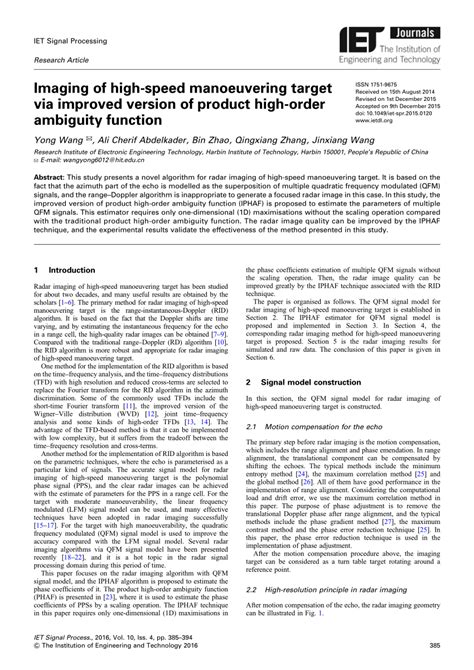 Pdf Imaging Of High Speed Manoeuvering Target Via Improved Version Of