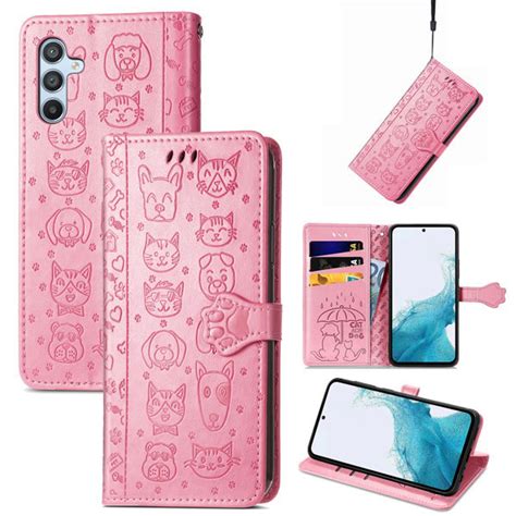 Samsung Galaxy A54 5g Cat Dog Embossed Pattern Leather Wallet Case With