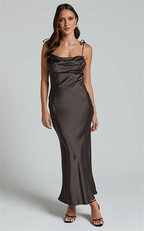 Amelia Midi Dress Cowl Neck Bias Cut Satin Dress In Espresso Showpo Usa