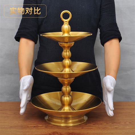 全铜三层拉丝素面果碟摆件供盘供果盘贡盘家用寺庙佛堂供奉用品 虎窝淘