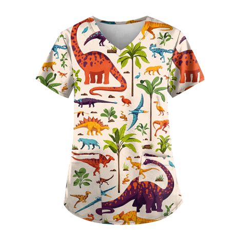 Ehtmsak Dinosaur Scrubs For Women Set Plus Size Cartoon V Neck Casual