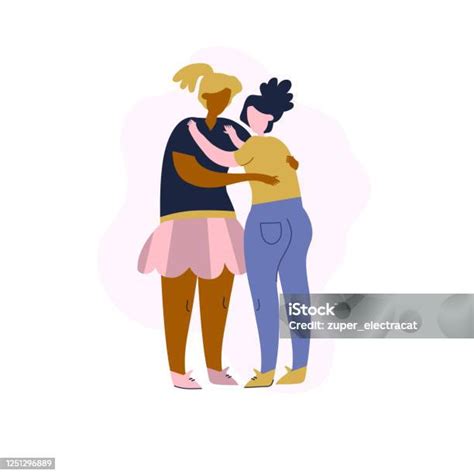 어두운 피부의 소녀는 밝은 피부 의 여자를 껴안고 그녀는 그녀의 어깨에 손을 잡고 흰색 배경에 고립 된 만화 문자 인종 간 포옹