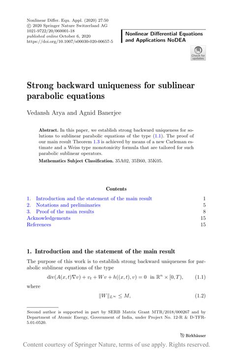 Strong Backward Uniqueness For Sublinear Parabolic Equations Request Pdf