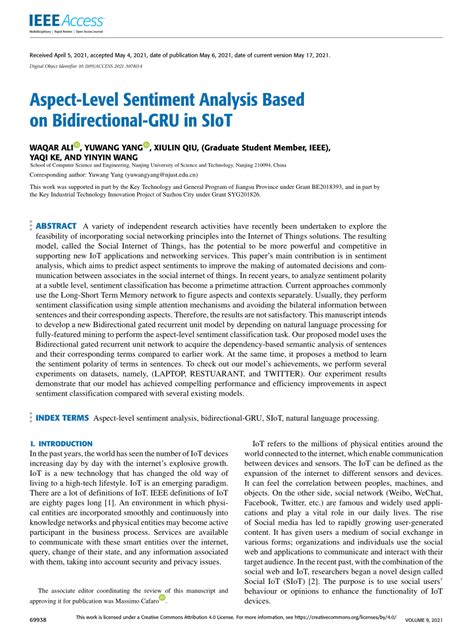 Pdf Aspect Level Sentiment Analysis Based On Bidirectional Gru In Siot