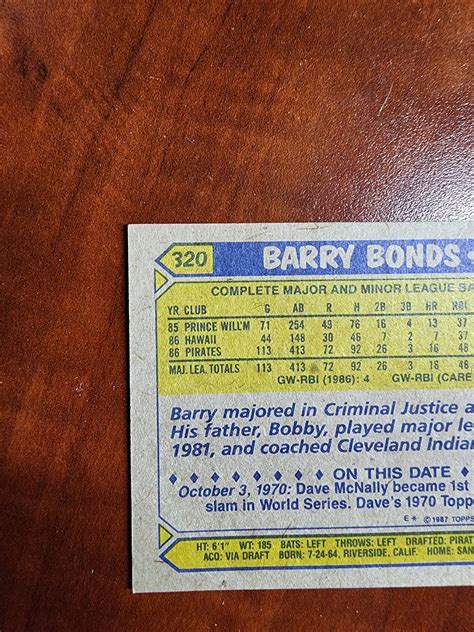 1987 Topps Barry Bonds 320 Errors Card 35 Year Old Card Original Rookie