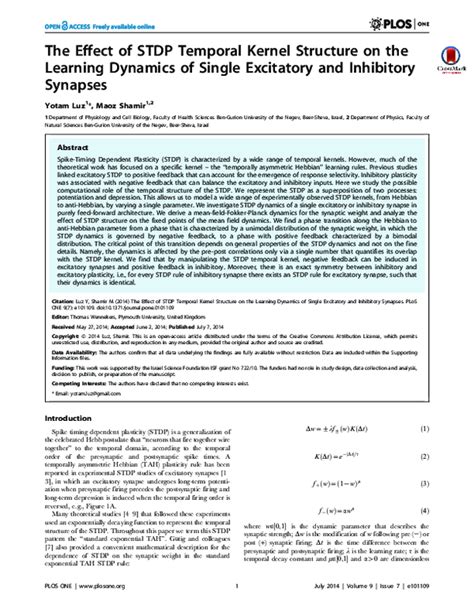 Pdf The Effect Of Stdp Temporal Kernel Structure On The Learning Dynamics Of Single Excitatory