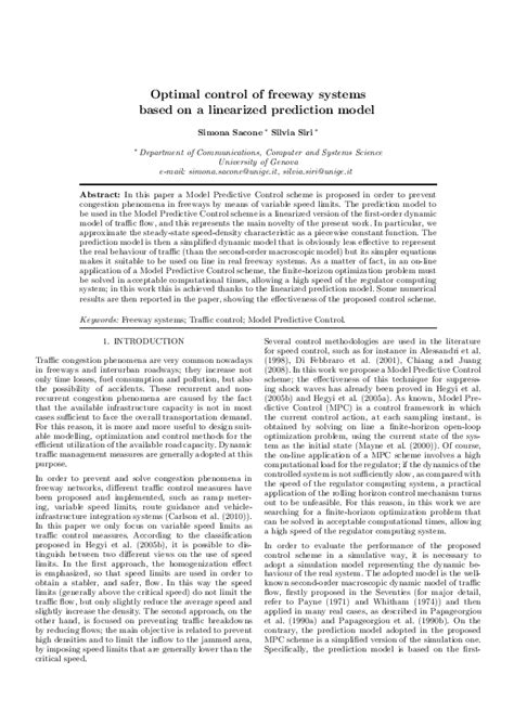 Pdf Optimal Control Of Freeway Systems Based On A Linearized Prediction Model