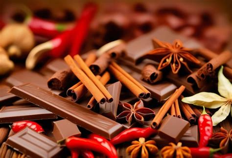 Closeup Of Chocolate And Spicy Spices Background For A Flavorful