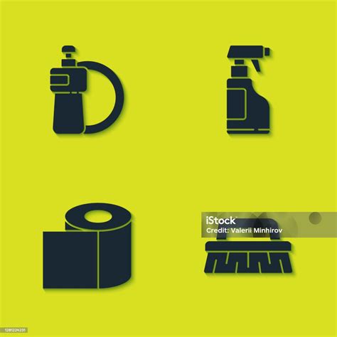 식기 세척 액상 병과 접시 청소용 브러시 화장지 롤 세제 아이콘스프레이 를 설정합니다 벡터 가사 집안일에 대한 스톡 벡터 아트