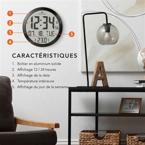Marathon Horloge murale avec affichage de la température et de la date Miami Livré demain