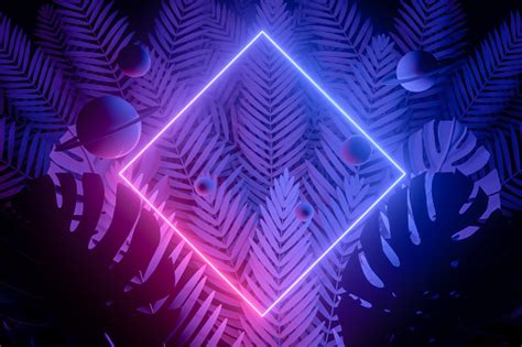 자외선 네온 조명 빈 프레임 야자수가있는 빛나는 터널 문3d 추상적 인 배경 0명에 대한 스톡 사진 및 기타 이미지 0명 3차원 형태 Led 조명 Istock