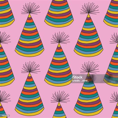 귀여운 낙서 줄무늬 생일 파티 모자 원활한 패턴입니다 축제 배경입니다 개념에 대한 스톡 벡터 아트 및 기타 이미지 개념