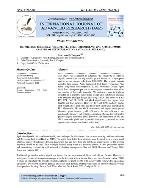 Bio Organic Fermentation Improved The Morphophenotypic And Economic Analysis Of Lettuce Lactuca