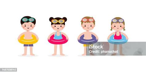 수영복과 반지를 끼고 있는 아이들 귀여운 아이들 만화 수영장 파티 캐릭터 하얀 배경에 해변이나 수영장에서 휴가를 보내는 아이들